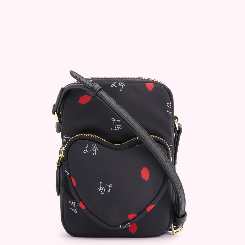 Black Lg And Lips Print Davis Crossbody Bag | Lulu Guinness