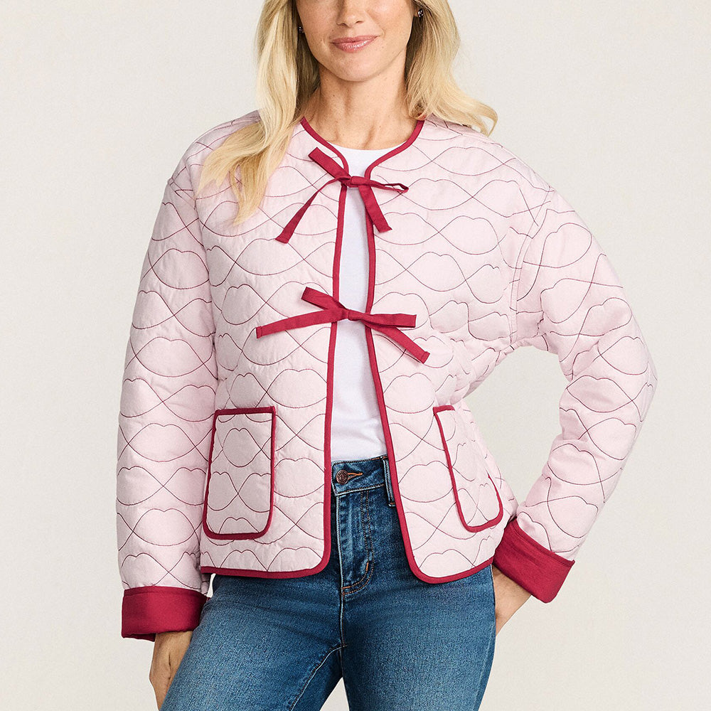 Pale Pink & Red Lip Quilted Jacket | Lulu Guinness x Lands End
