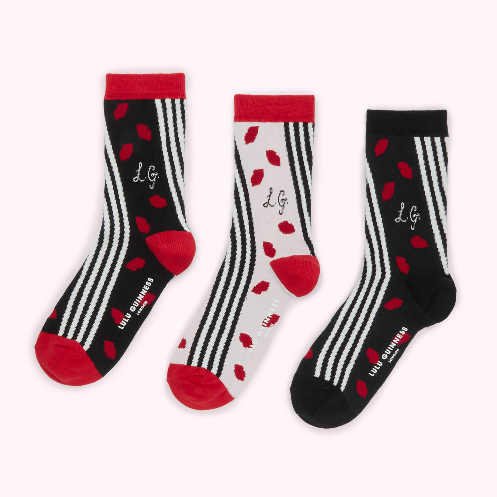 Multi Flutter Lips Ankle Socks - 3 Pairs | Lulu Guinness