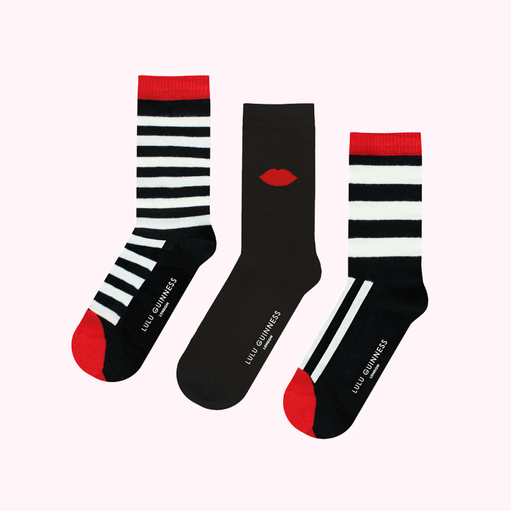 Black Chalk & Red Stripe Lip Ankle Socks | Lulu Guinness